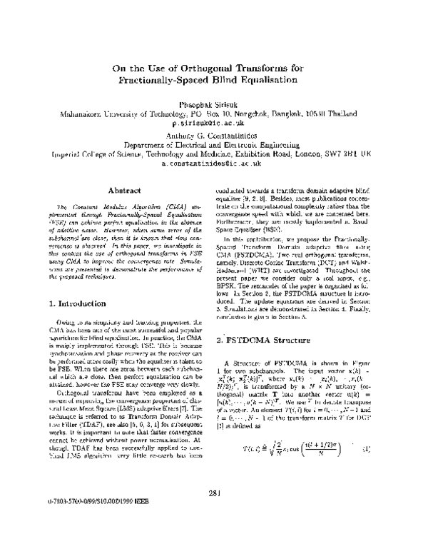 Pdf On The Use Of Orthogonal Transforms For F Ractionally Spaced Blind Equalisation