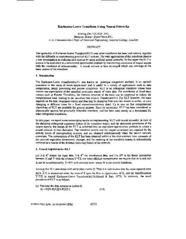 Pdf Karhunen Loeve Transform Using Neural Networks Anthony