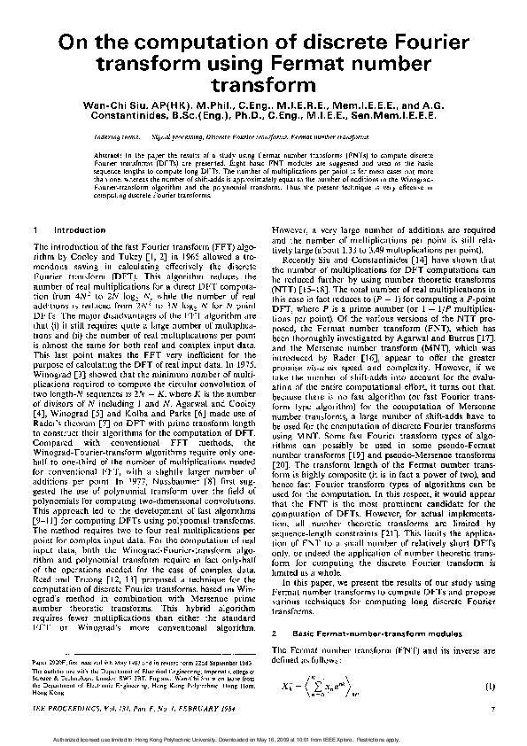 Pdf On The Computation Of Discrete Fourier Transform Using Fermat