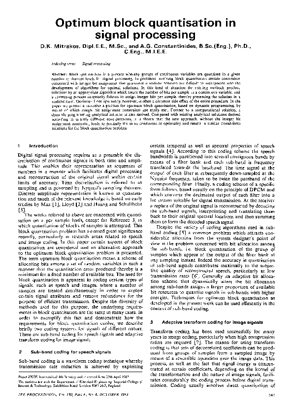 (PDF) Optimum block quantisation in signal processing