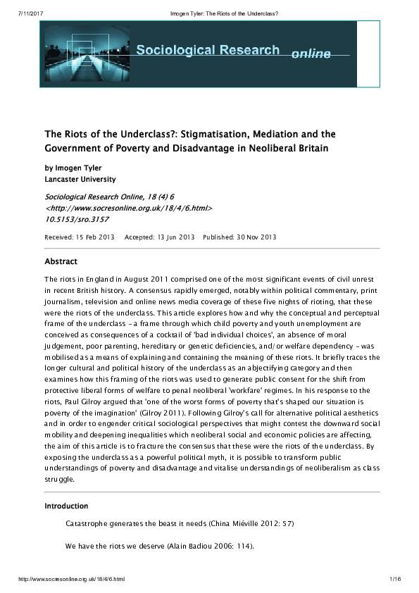 (PDF) Imogen Tyler The Riots of the Underclass
