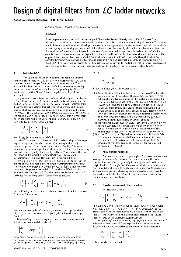 (PDF) Design of digital filters from LC ladder networks