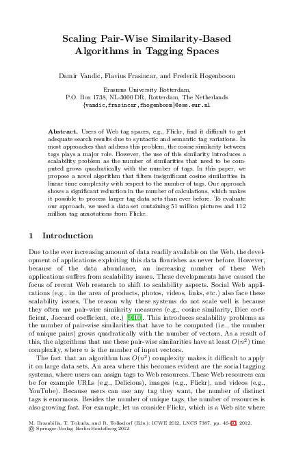 (PDF) Scaling Pair-Wise Similarity-Based Algorithms in Tagging Spaces