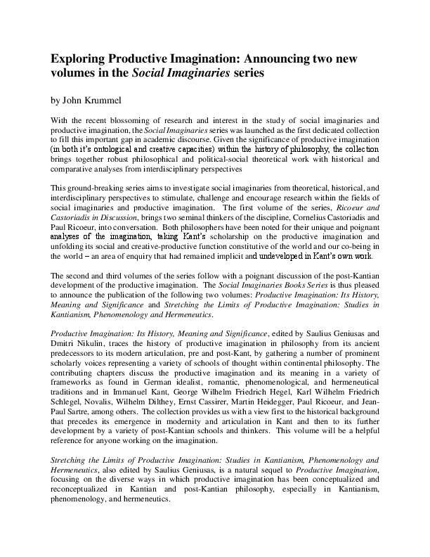 (DOC) Exploring Productive Imagination: Announcing two new volumes in ...