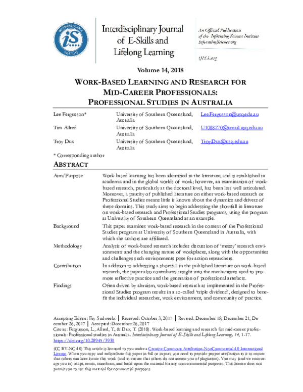 (PDF) WORK-BASED LEARNING AND RESEARCH FOR MID-CAREER PROFESSIONALS ...
