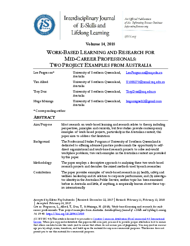 (PDF) WORK-BASED LEARNING AND RESEARCH FOR MID-CAREER PROFESSIONALS ...