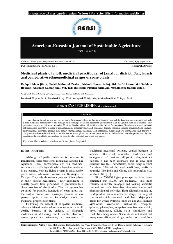 (PDF) American-Eurasian Journal of Sustainable Agriculture Medicinal plants of a folk medicinal ...