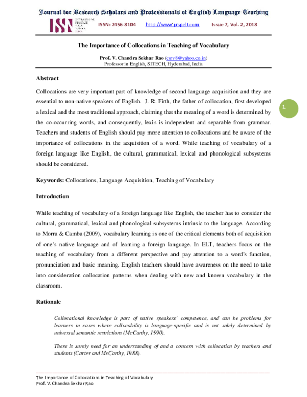 (PDF) The Importance of Collocations in Teaching of Vocabulary