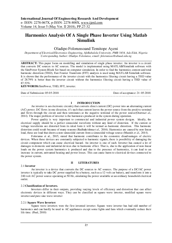 (PDF) Harmonics Analysis Of A Single Phase Inverter Using Matlab Simulink