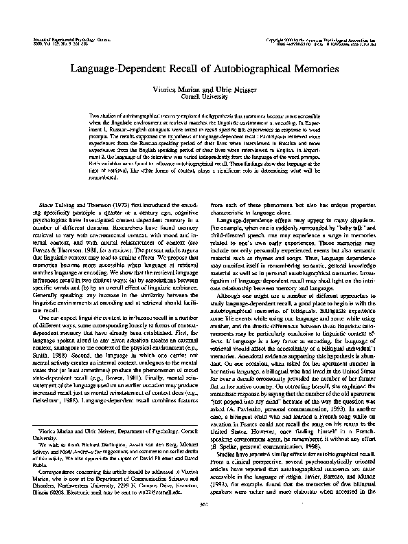 (PDF) Language-dependent recall of autobiographical memories