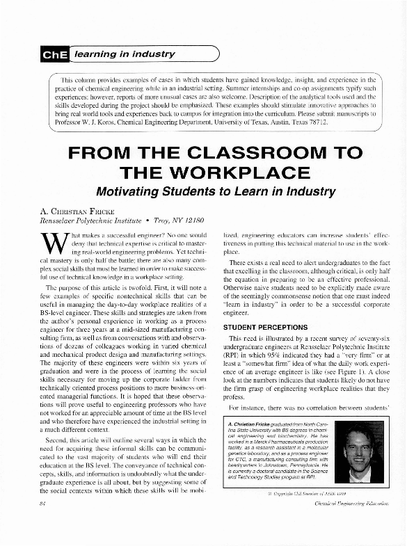 (PDF) learning in industry FROM THE CLASSROOM TO THE WORKPLACE ...