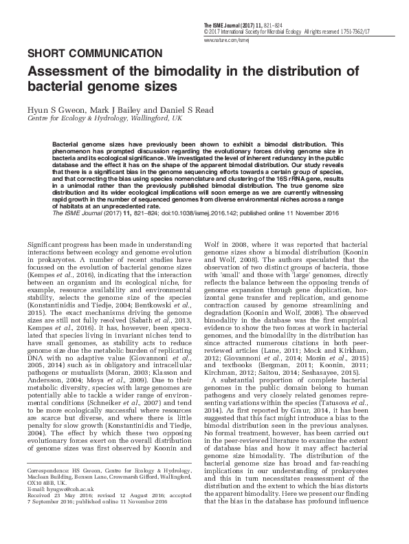 Pdf Assessment Of The Bimodality In The Distribution Of Bacterial Genome Sizes Mar Jorie