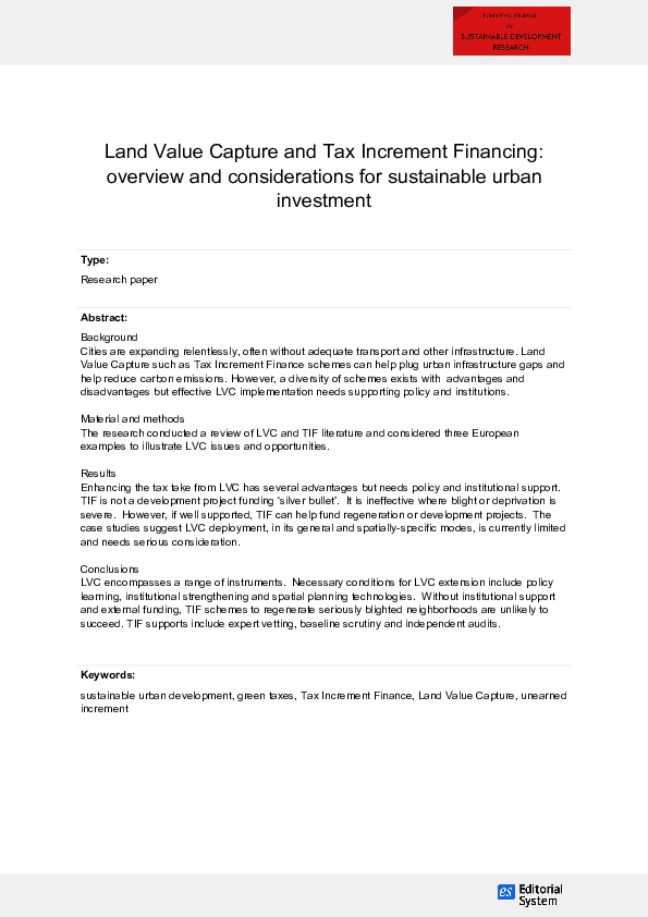 (PDF) Land Value Capture and Tax Increment Financing: overview and ...