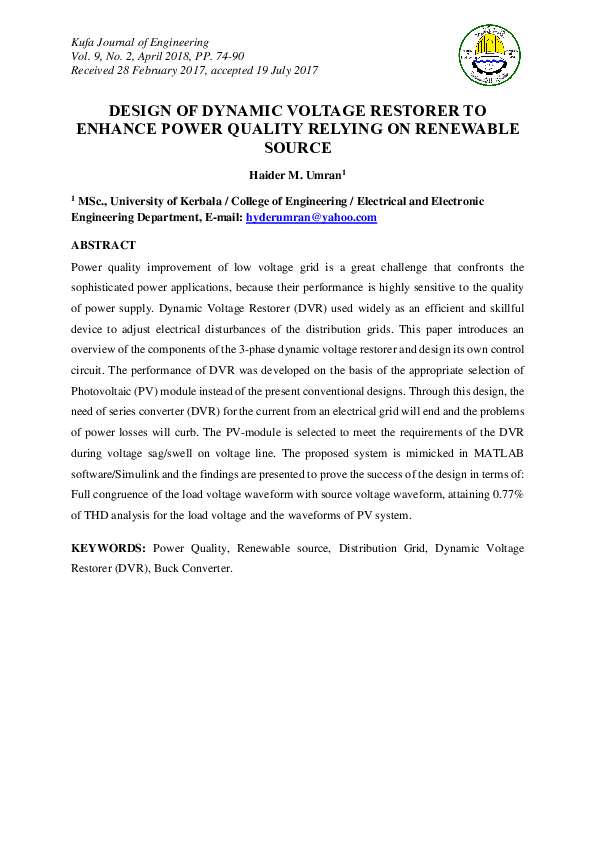 (PDF) DESIGN OF DYNAMIC VOLTAGE RESTORER TO ENHANCE POWER QUALITY RELYING ON RENEWABLE SOURCE