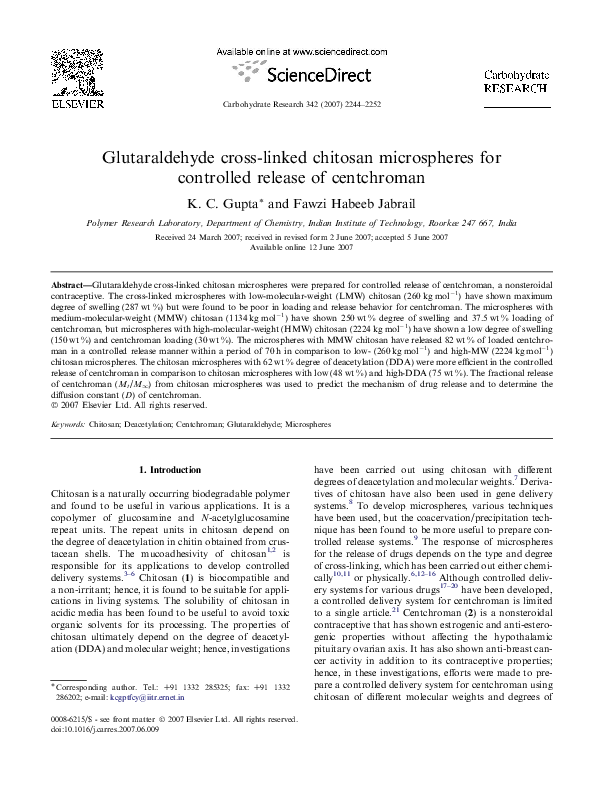 (PDF) Glutaraldehyde cross-linked chitosan microspheres for controlled release of centchroman