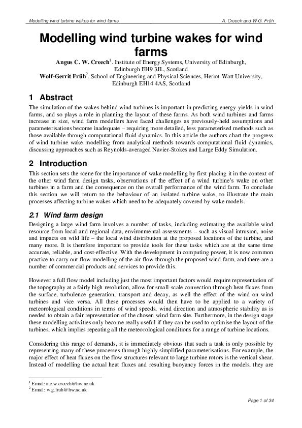 Pdf Modelling Wind Turbine Wakes For Wind Farms Angus C W