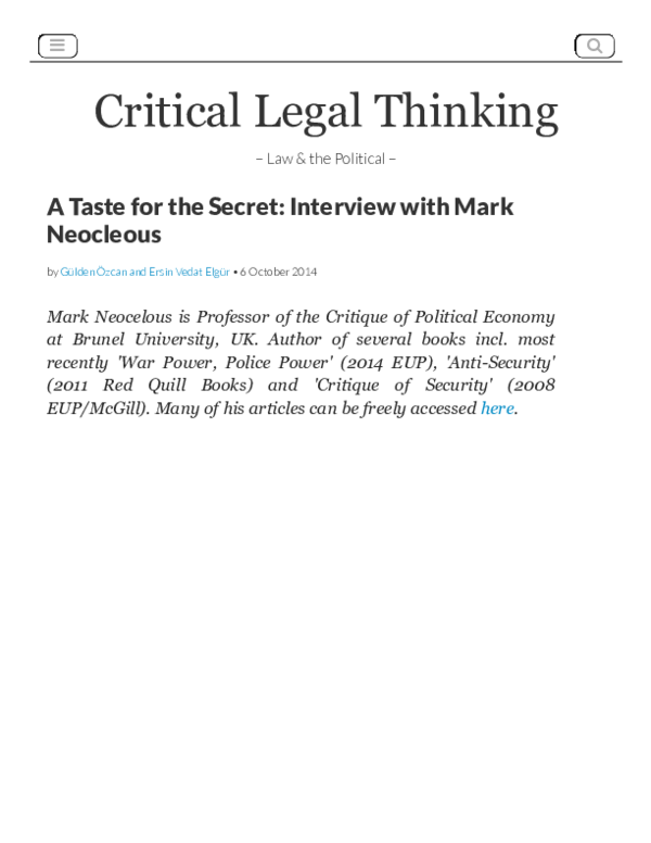 (PDF) A Taste for the Secret: Interview with Mark Neocleous
