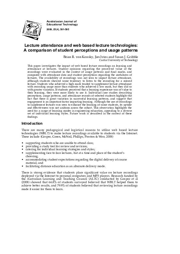 (PDF) Lecture attendance and web based lecture technologies: A ...