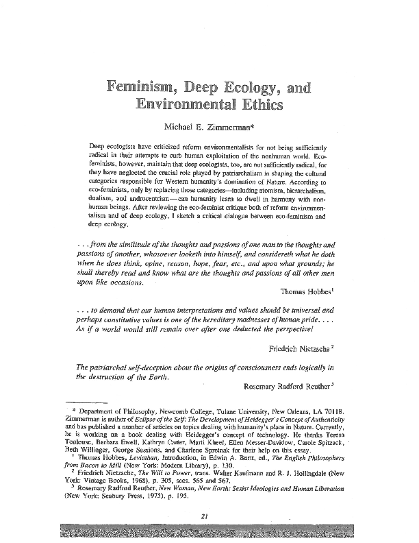(PDF) Feminism, Deep Ecology, and Environmental Ethics
