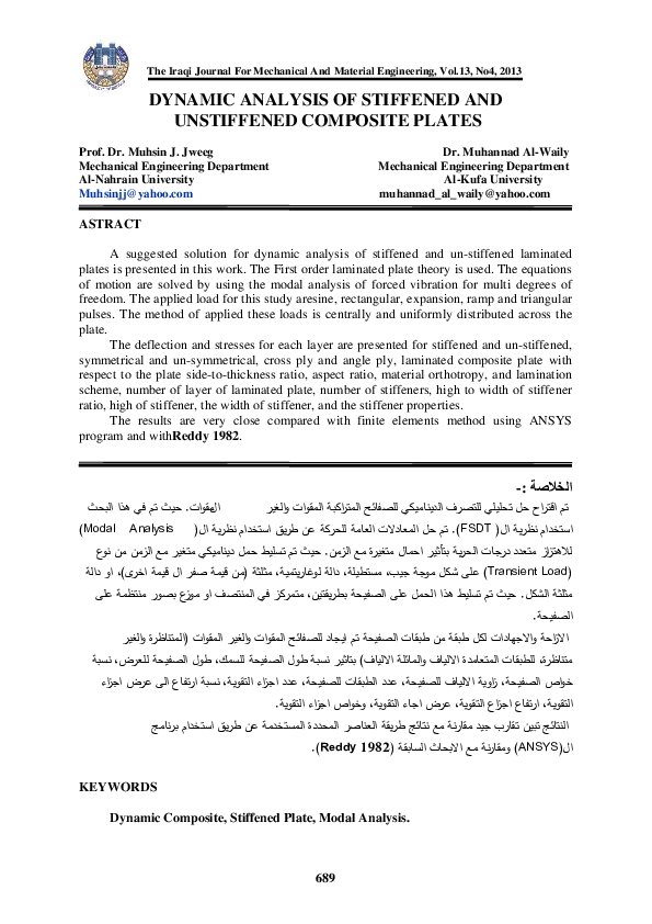 Pdf Dynamic Analysis Of Stiffened And Unstiffened Composite Plates