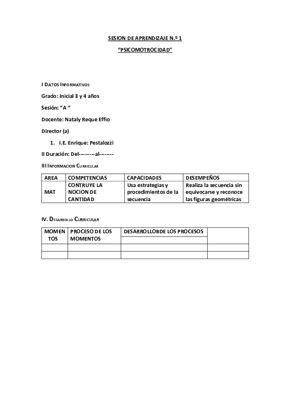 (DOC) SESION DE APRENDIZAJE N.º 1 " PSICOMOTROCIDAD " I DATOS INFORMATIVOS | Brayan Reus ...