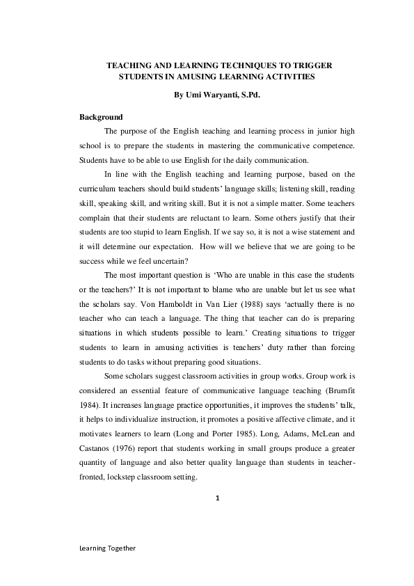 (PDF) TEACHING AND LEARNING TECHNIQUES TO TRIGGER STUDENTS IN AMUSING ...