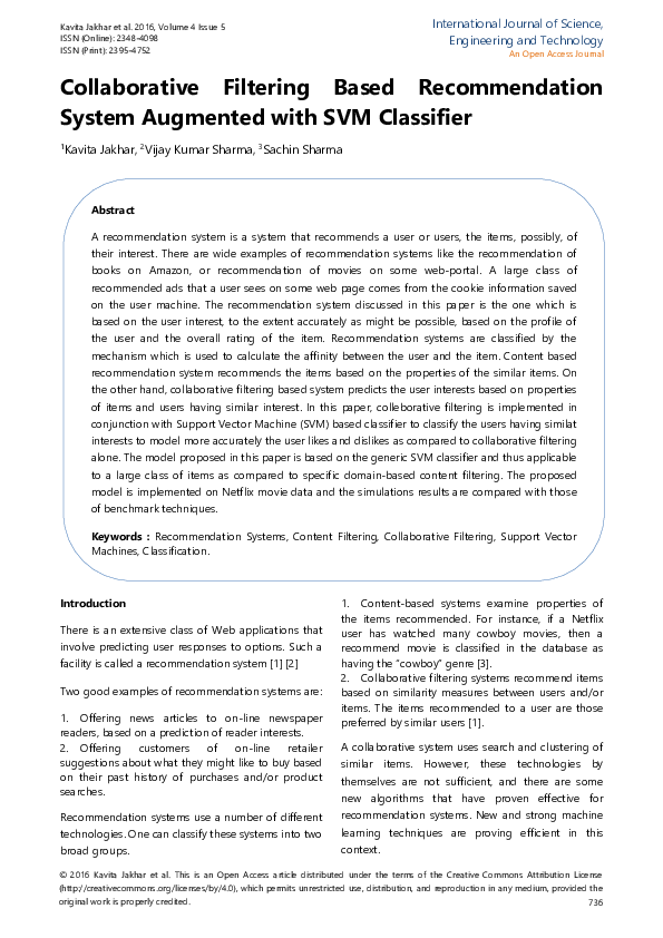 Pdf Collaborative Filtering Based Recommendation System Augmented With Svm Classifier
