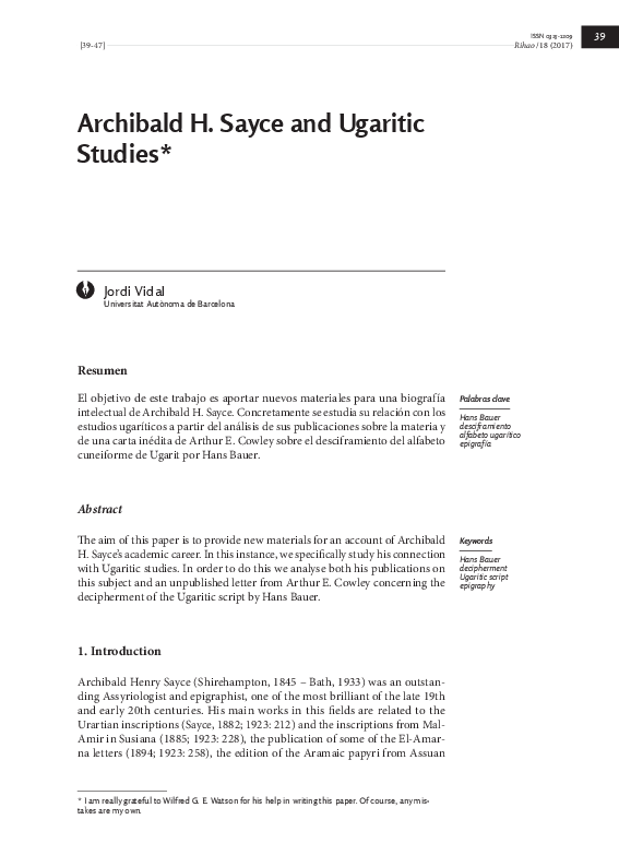 (PDF) Archibald H. Sayce and Ugaritic Studies