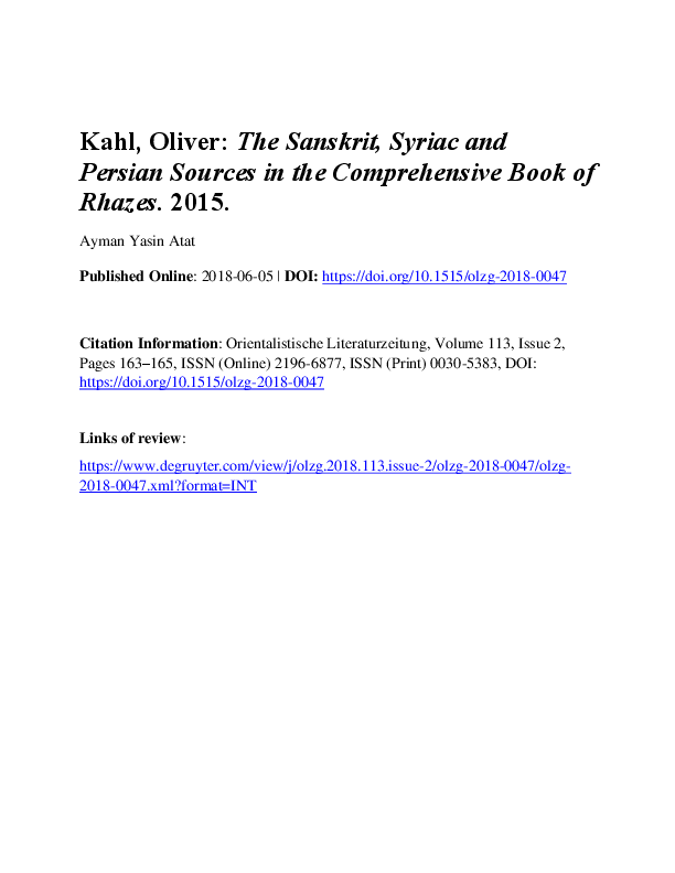 (PDF) Kahl, Oliver: The Sanskrit, Syriac and Persian Sources in the ...
