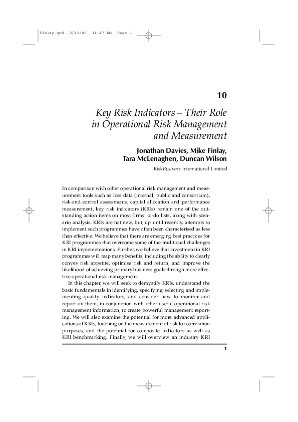 (PDF) Key Risk Indicators – Their Role in Operational Risk Management ...