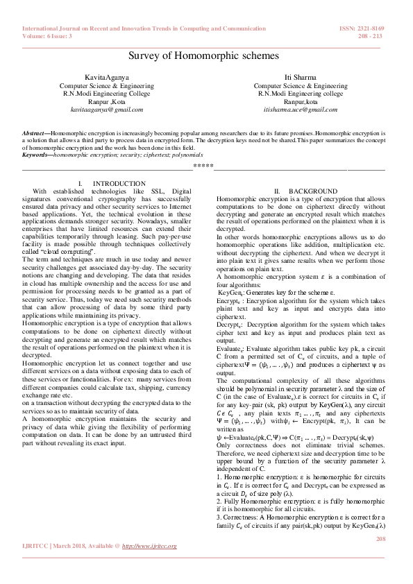 (PDF) Survey of Homomorphic schemes