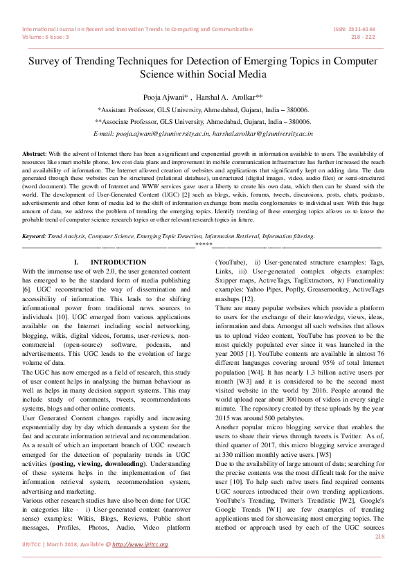 Pdf Survey Of Trending Techniques For Detection Of Emerging Topics In Computer Science Within
