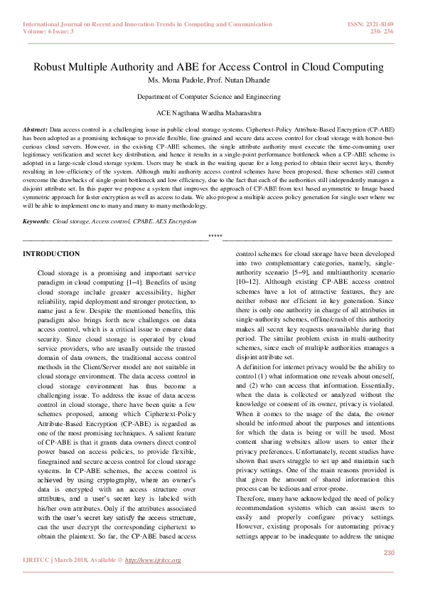 Pdf Robust Multiple Authority And Abe For Access Control In Cloud Computing