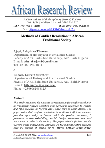 (PDF) Methods of Conflict Resolution in African Traditional Society