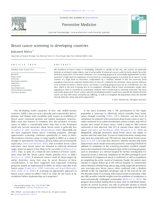 (PDF) Breast cancer screening in developing countries | Indraneel ...