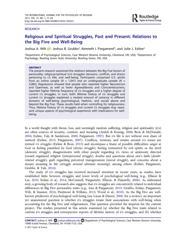 (PDF) Religious and Spiritual Struggles, Past and Present: Relations to ...