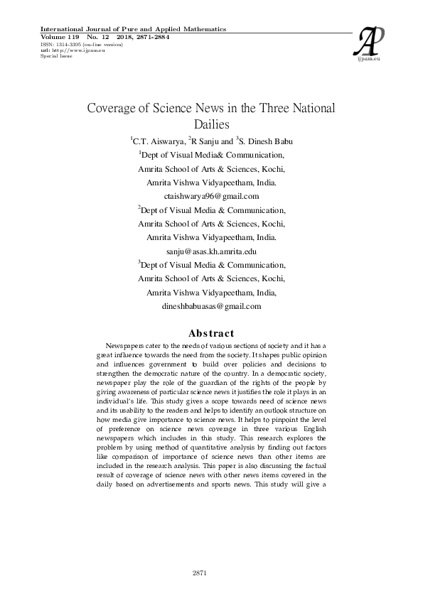 (PDF) Coverage of Science News in the Three National Dailies