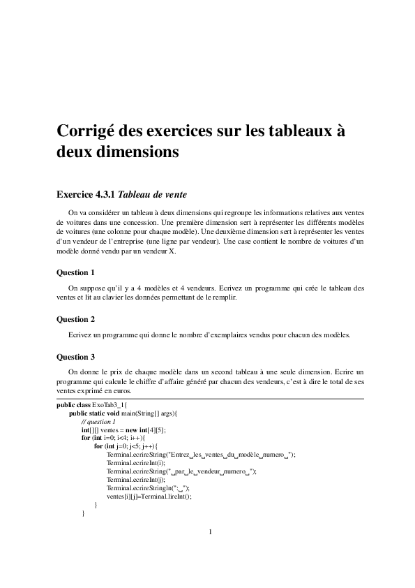 (PDF) Corrigé des exercices sur les tableaux à deux dimensions Exercice ...