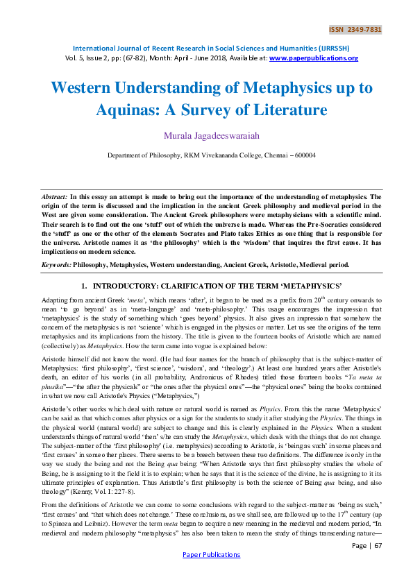 (PDF) Western Understanding of Metaphysics up to Aquinas: A Survey of ...