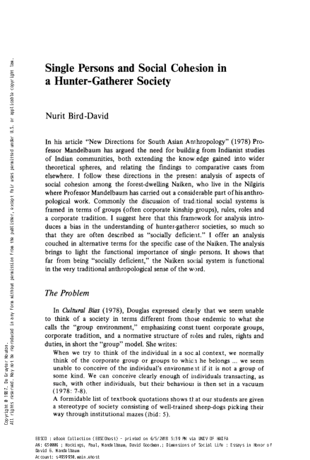 (PDF) Bird-David, N. (1987). Single persons and social cohesion in a ...