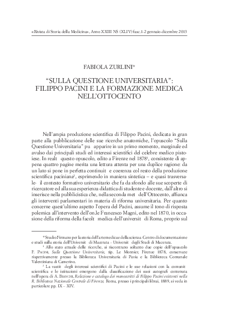 (PDF) Filippo Pacini e la Formazione medica nell`Ottocento