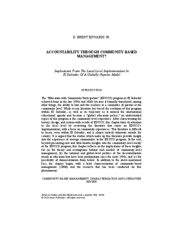 (PDF) Accountability through community-based management? Implications ...