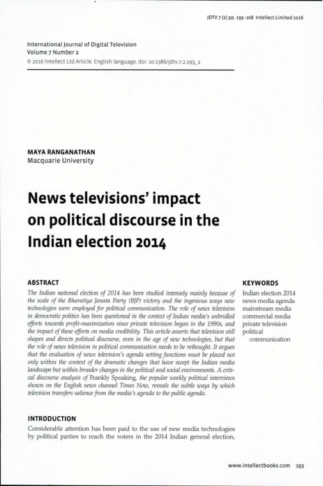 (PDF) Ranganathan, M., 2016, 'News televisions’ impact on political ...