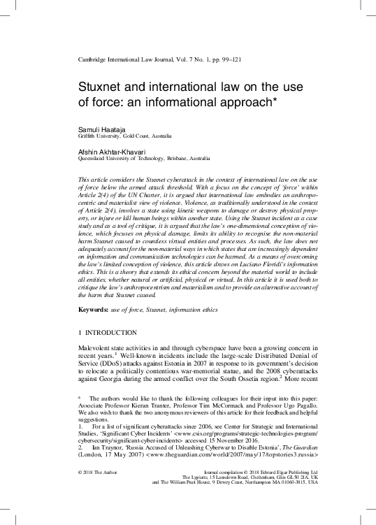 (PDF) Stuxnet and international law on the use of force: an informational approach