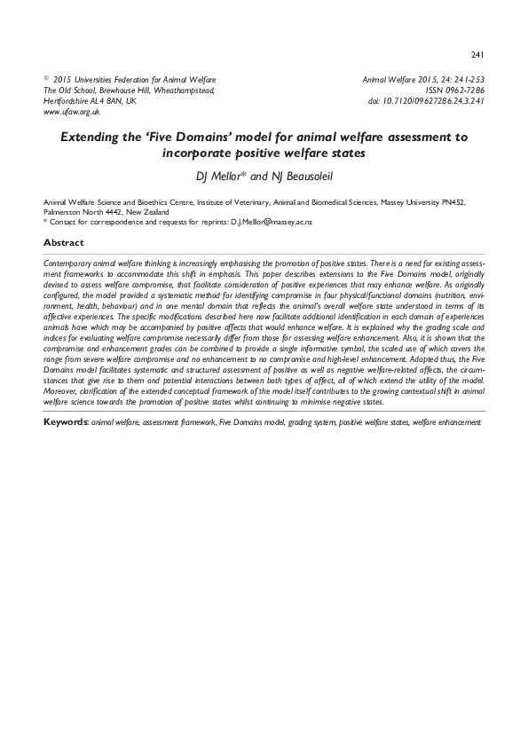 (PDF) Extending the 'Five Domains' model for animal welfare assessment ...