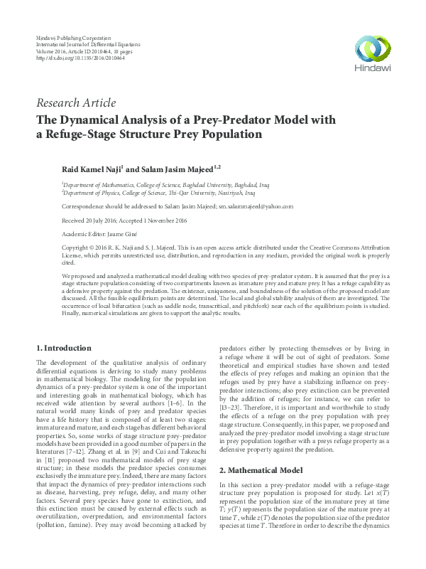 Pdf The Dynamical Analysis Of A Prey Predator Model With A Refuge Stage Structure Prey Population