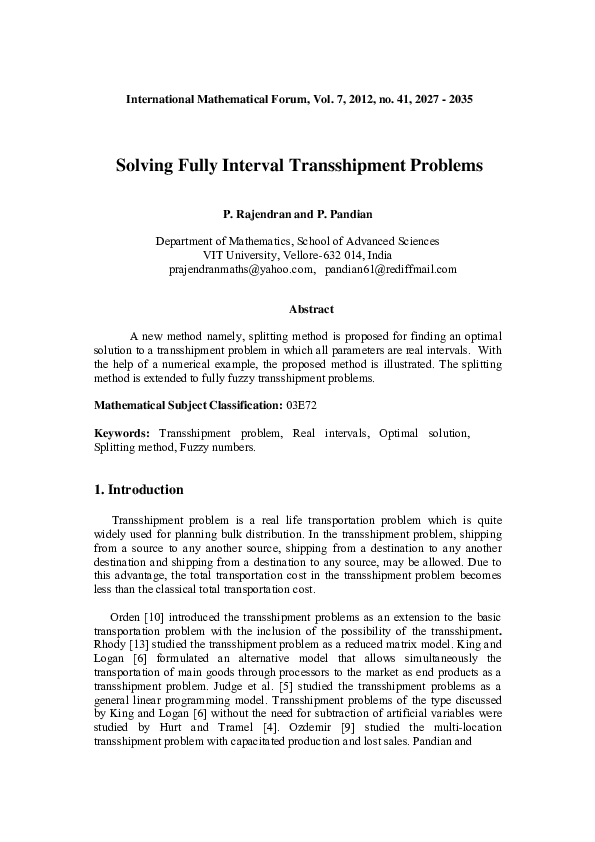 (PDF) Solving Fully Interval Transshipment Problems (PDF) Solving Fully Interval Transshipment Problems