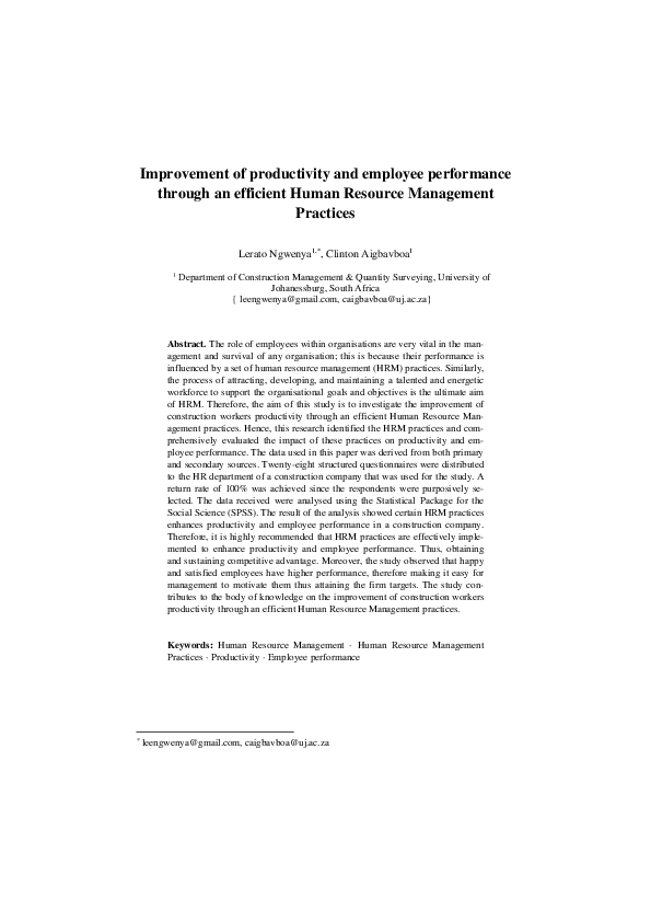 Pdf Improvement Of Productivity And Employee Performance Through An Efficient Human Resource