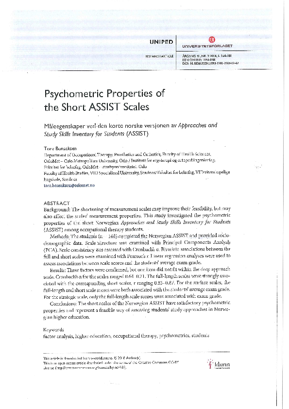 (PDF) Psychometric Properties of the Short ASSIST Scales