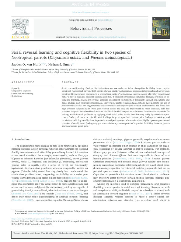 (PDF) Serial reversal learning and cognitive flexibility in two species ...